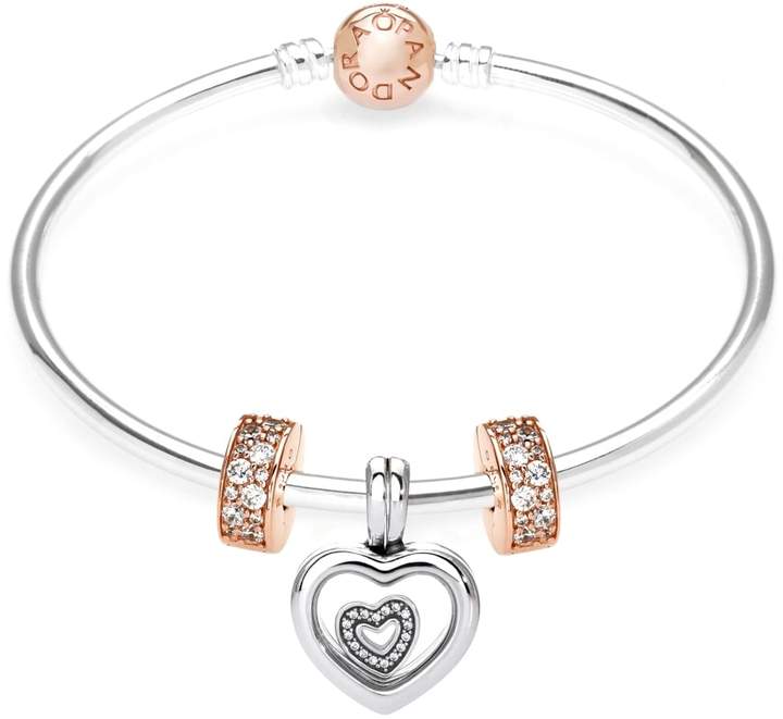 Pandora Floating Heart Locket & Rose Elegance Clip Gift Bracelet ...