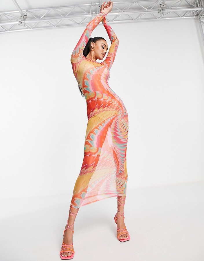Simmi Clothing Simmi long sleeve sheer maxi dress in abstract rainbow ...