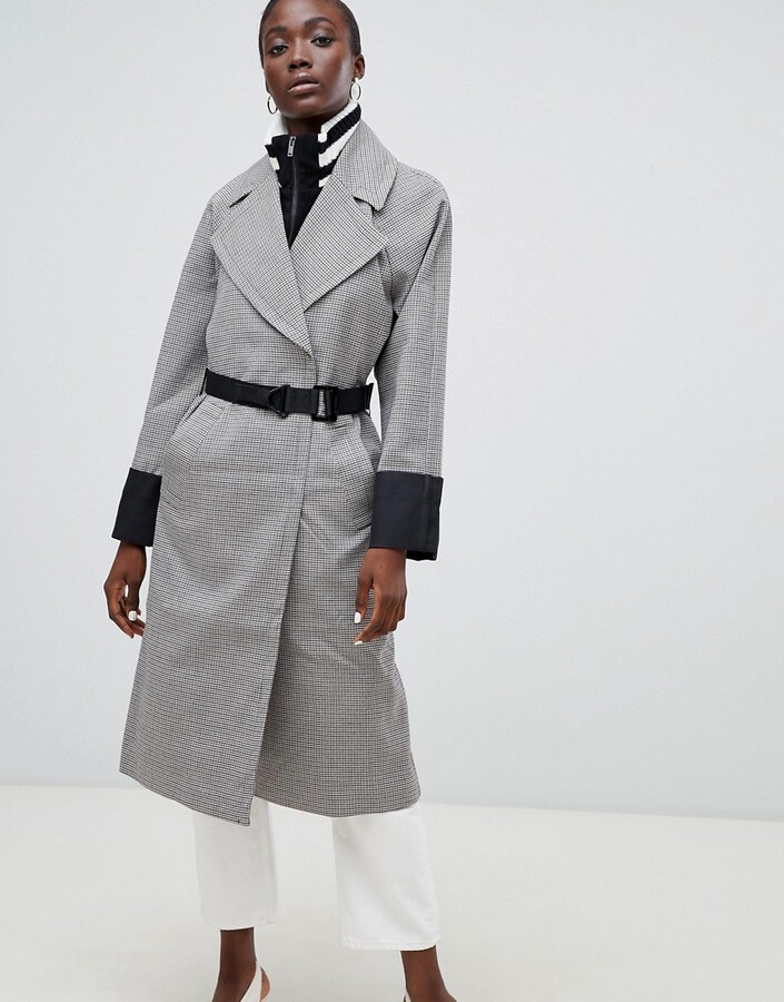 ASOS DESIGN ASOS Check Coat with Tipped Rib Funnel Neck and Belt ...