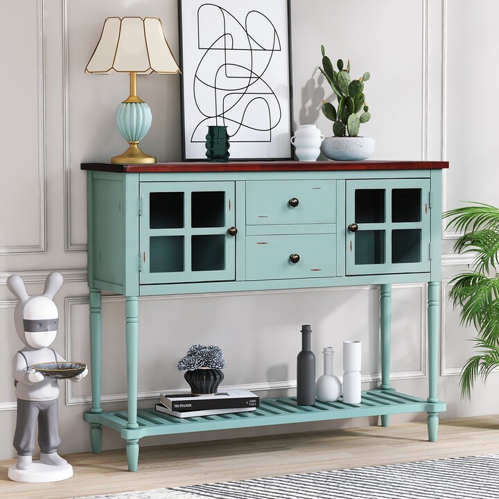 RASOO Antique Blue Farmhouse 42" Sideboard Console Table, 2 Glass Door ...