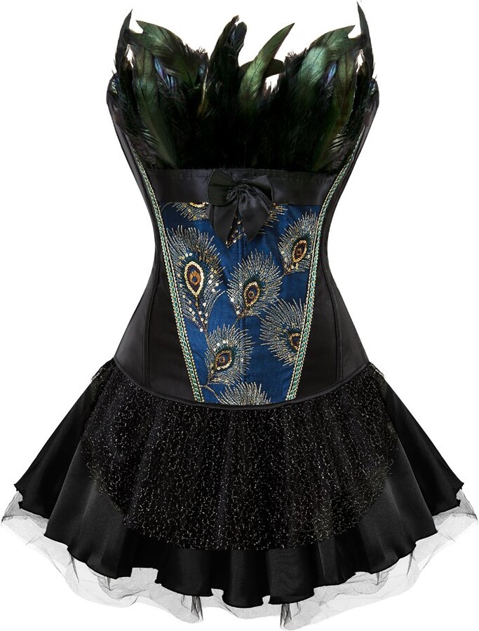 Grebrafan Peacock Feather Satin Corset with Skirt Fancy Dress Clubwear ...