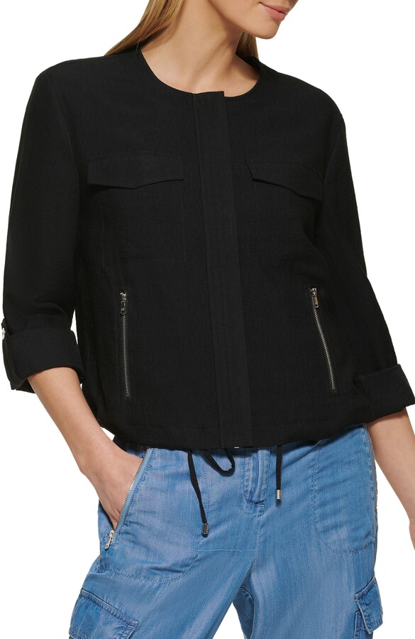 DKNY Collarless Roll Tab Zip Jacket - ShopStyle