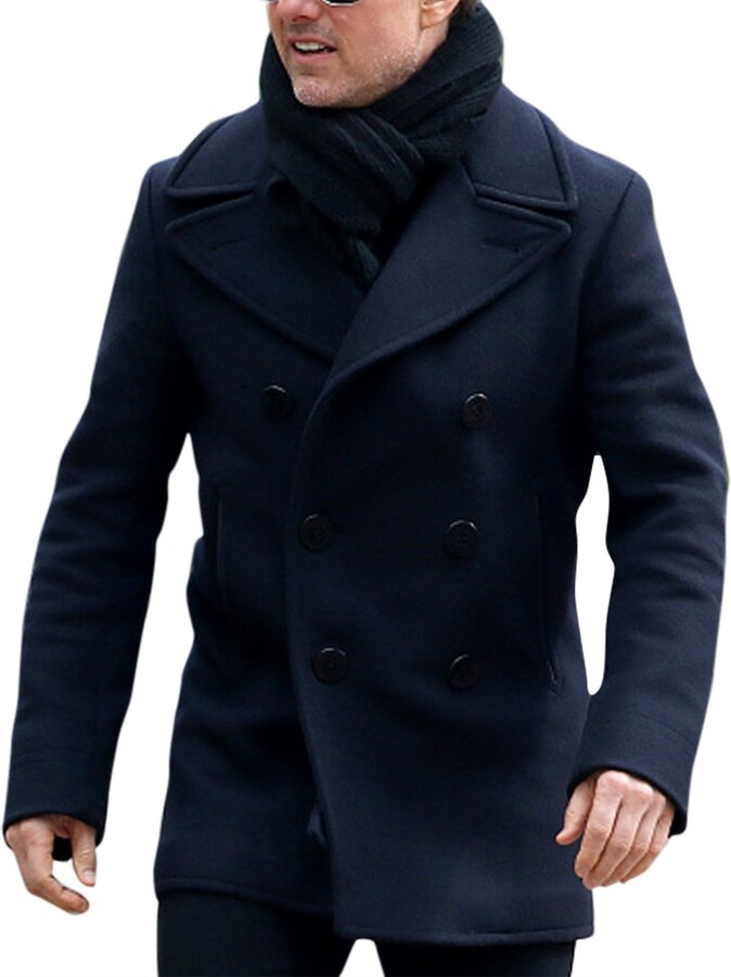 Fashion_First Men's Pea Coat Navy Blue Double Breasted Wool Car ...