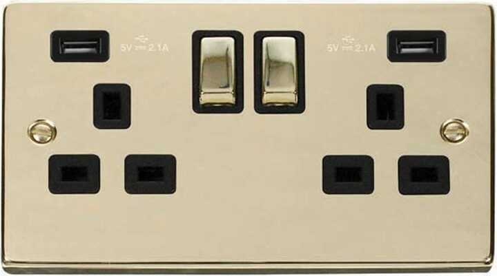 SE Home Polished Brass 2 Gang 13A DP Ingot 2 USB Twin Double Switched ...