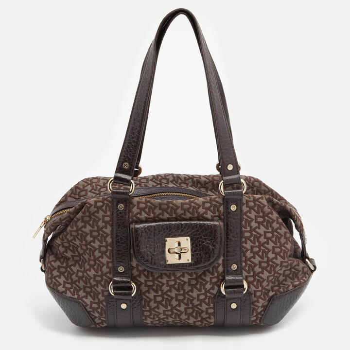 DKNY Dark Brown Monogram Canvas And Leather Satchel - ShopStyle