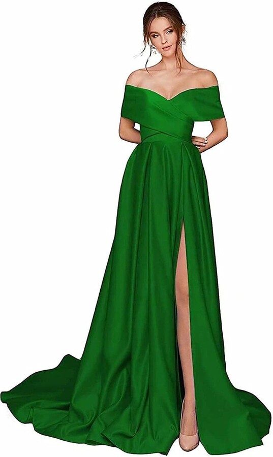 DELEND Women Sexy Off Shoulder Prom Dress Long Satin Party Dress Empire Waist High Slit Formal ...