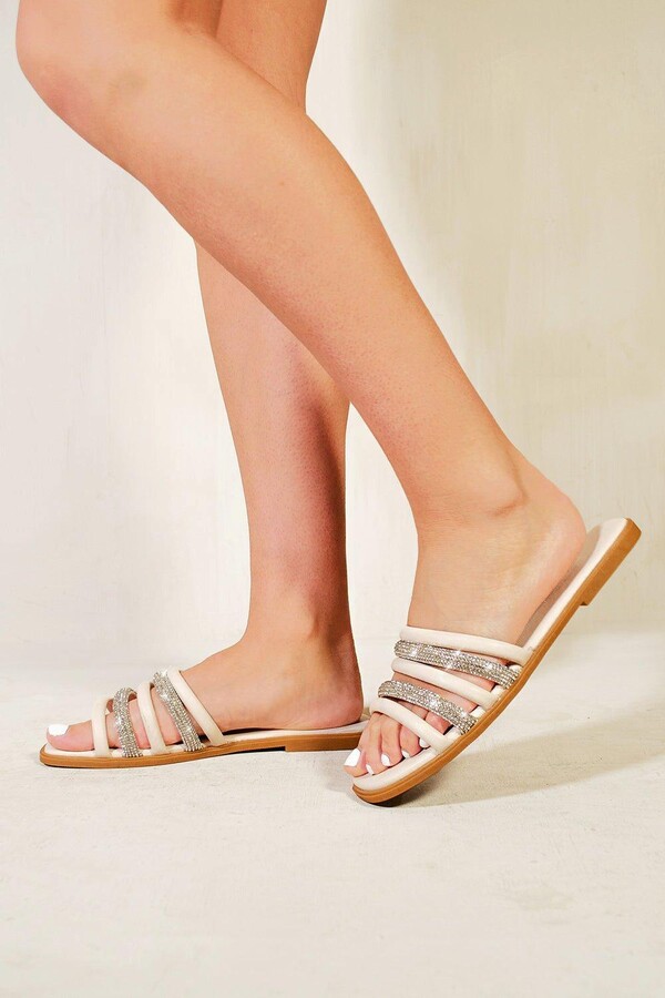 Where's That From 'Delilah' Flatform Strappy Sliders With Diamante ...