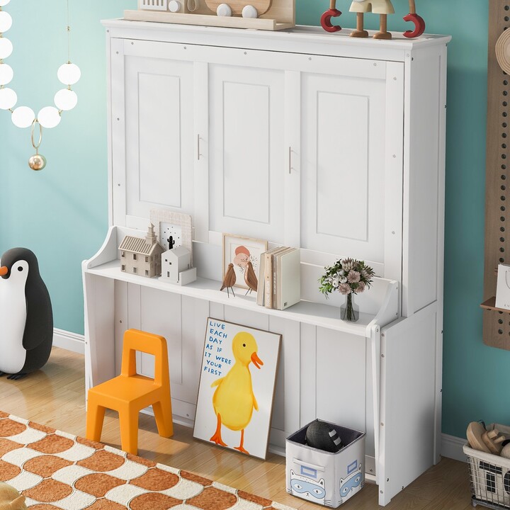 Sunmory Queen Size Murphy Bed Convertible Wood Platform Bed with a ...