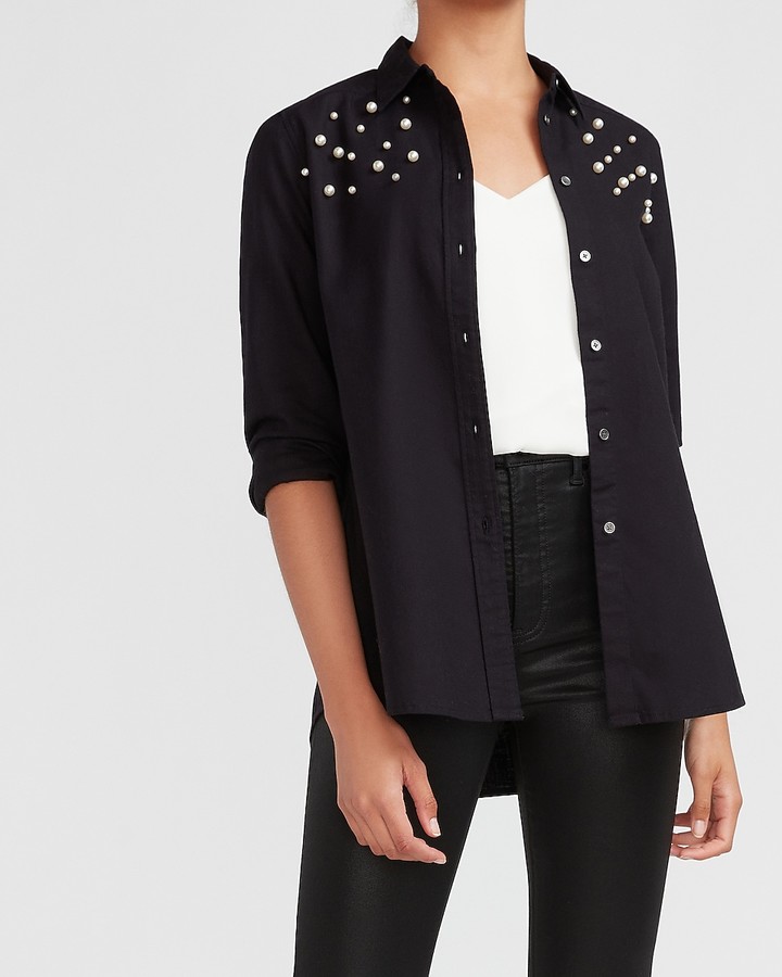 Express Pearl Embellished Denim Shirt - ShopStyle Tops