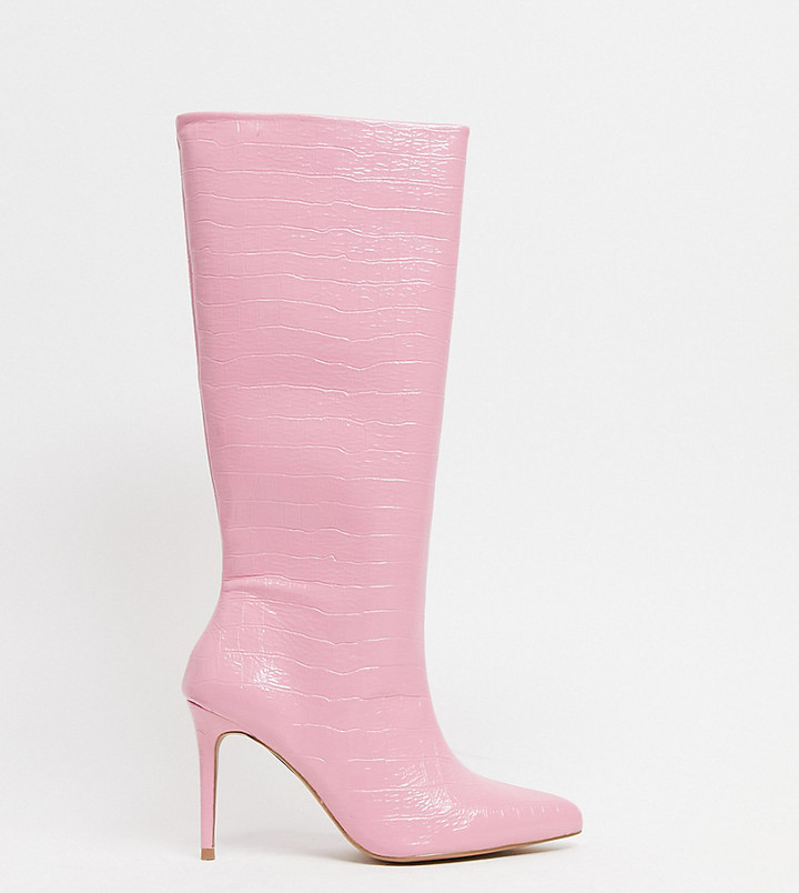 ASOS DESIGN Wide Fit Claudia knee high boots in pink croc - ShopStyle