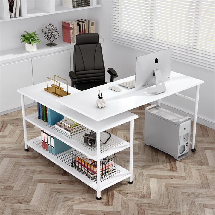 Tribesigns White L-Shaped Computer Desk with Shelves, 360-deg Rotating ...