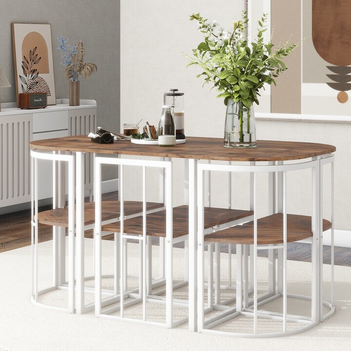 Modern 7-Piece Dining Table Set with Faux Marble Compact Kitchen Table ...