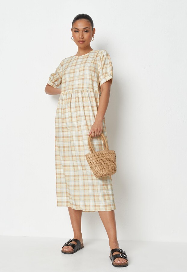 Missguided Yellow Check Puff Sleeve Smock Midi Dress - ShopStyle