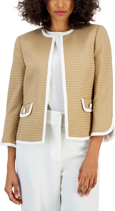 Kasper Petite Contrast Trim Open-Front 3/4-Sleeve Jacket - Sesame ...