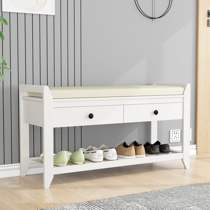 Shoe Rack with Cushioned Seat and Drawers Entryway Storage Bench ...