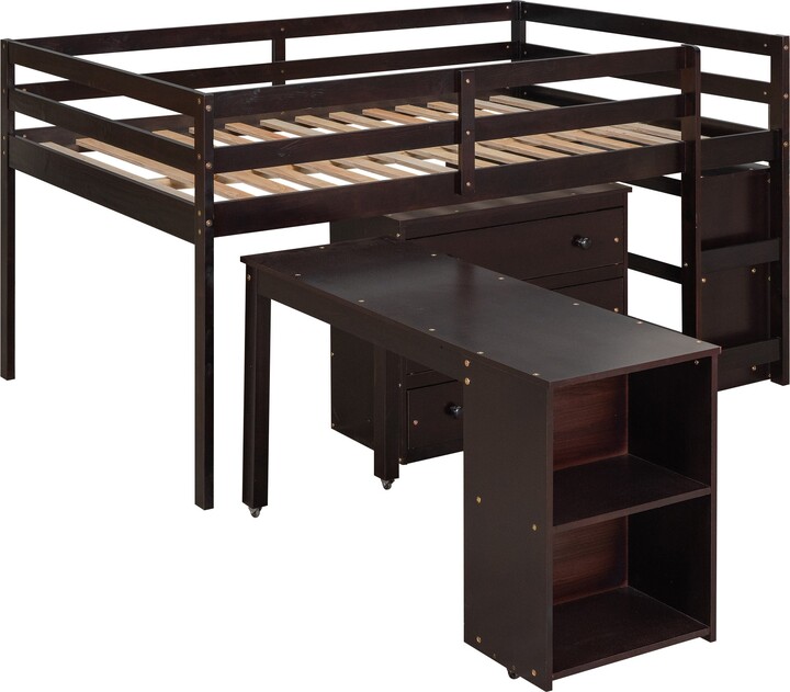 IGEMAN Espresso Multiple Functions Bed Low Study Full Loft Bed with Cabinet, Shelves and Rolling ...