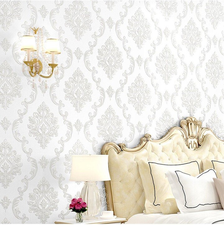 Living and Home White Embossed Damask Floral Wallpaper Roll - ShopStyle