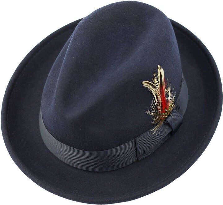 Xposed Men’s 100% Pure Wool Felt C Crown Trilby Hat with Feather Crushable Packable Curved Wide ...