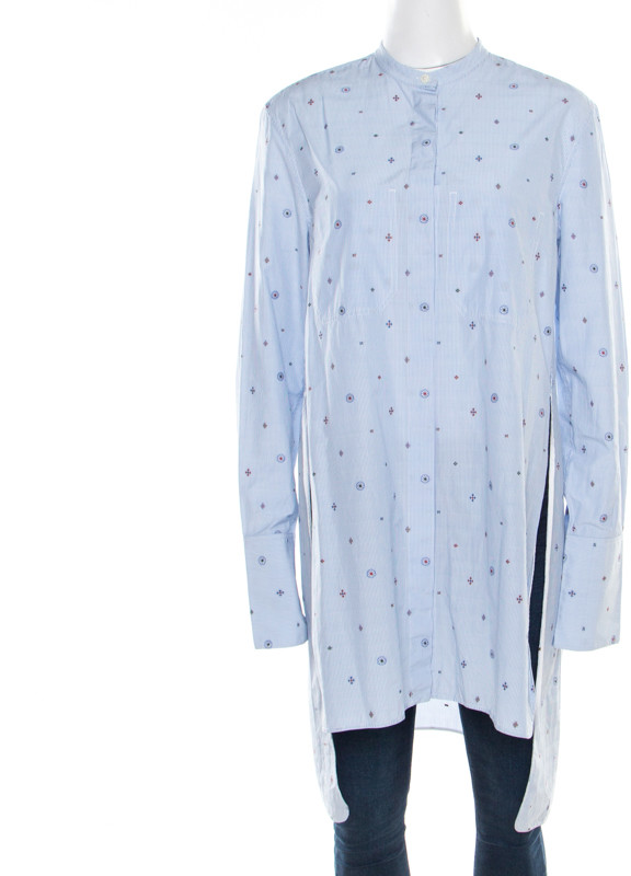Celine Blue and White Striped Embroidered Cotton High Low Tunic M ...