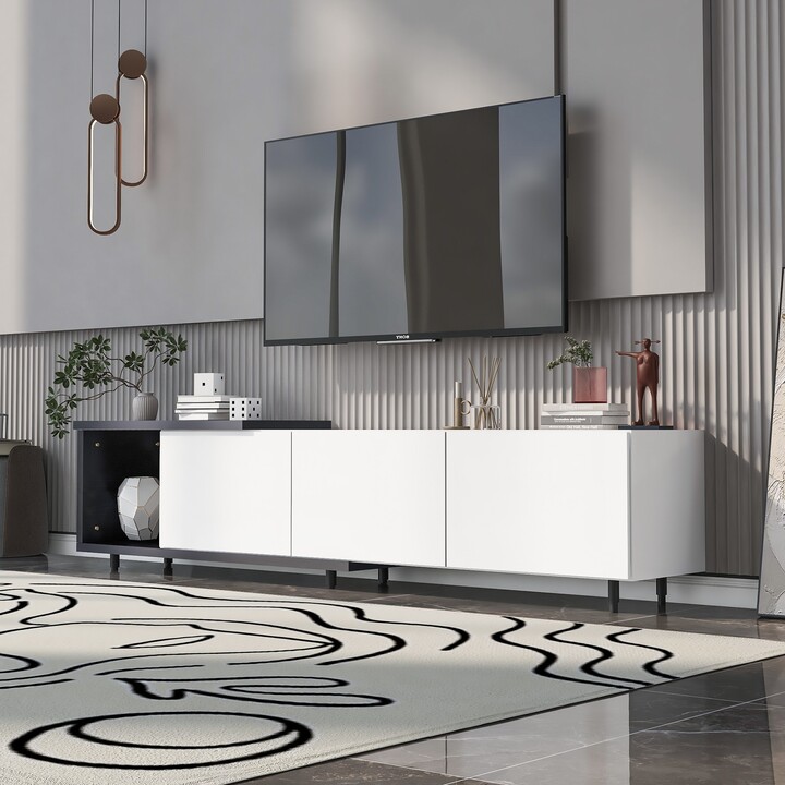 NINEDIN Modern TV Stand for 80+inch Television w/3 Large Drawers & Open ...