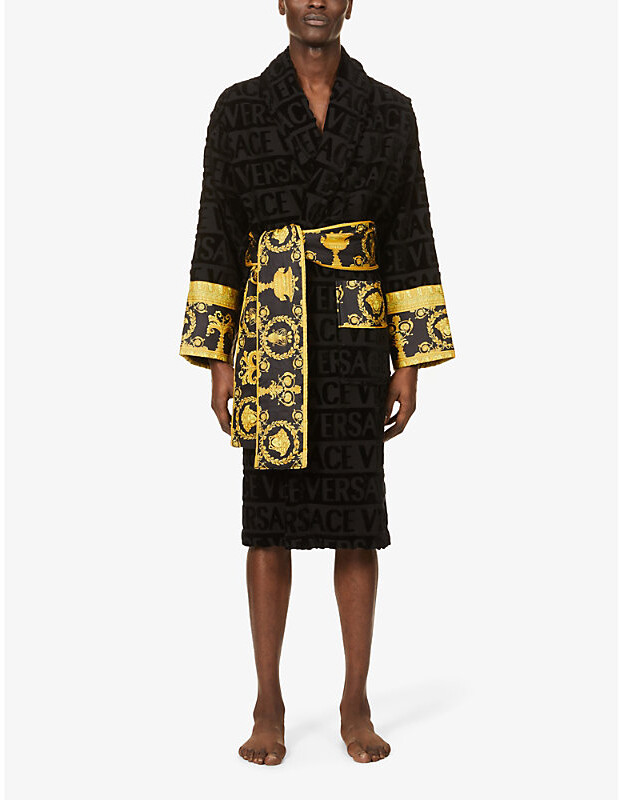 Versace Mens Black Logo and Baroque-print Cotton-terry Dressing Gown ...