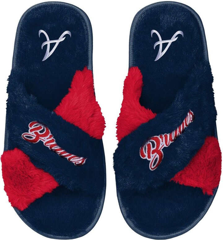 Women's Foco Navy Atlanta Braves Two-Tone Crossover Faux Fur Slide ...