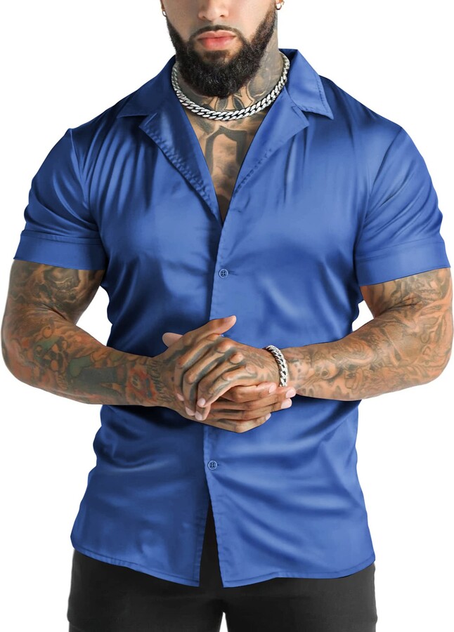 URRU Men's Luxury Shiny Silk Like Satin Dress Shirt Cuban Collar Short Sleeve Casual Slim Fit ...