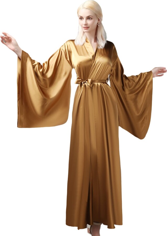 MAYILNSIN Satin Kimono Robe Long Silk Robe Dark Gold Dressing Gown Soft ...