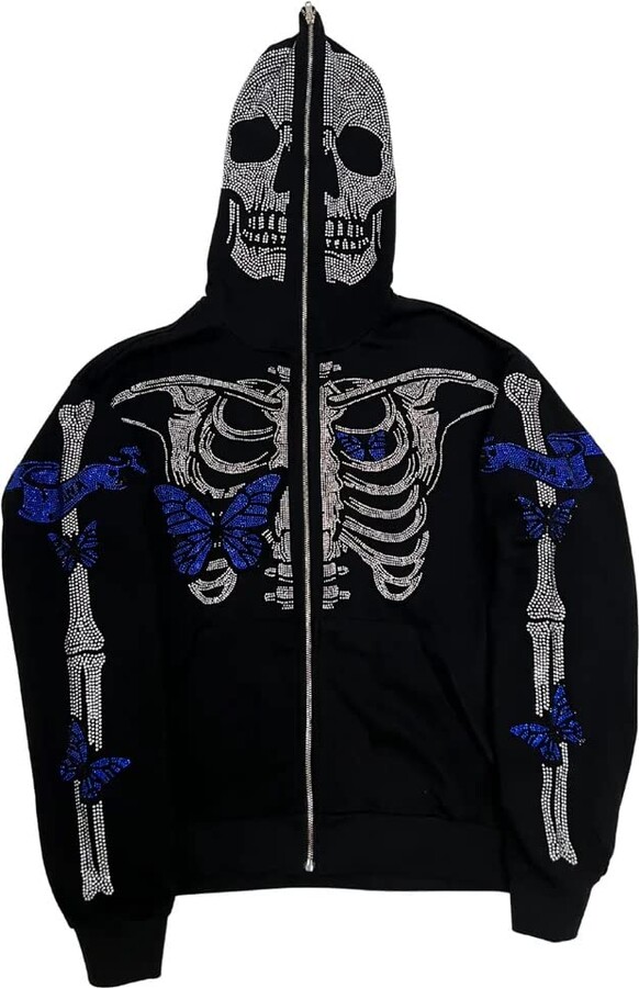 FeMereina Y2K Skeleton Full Zip Up Hoodies Unisex Rhinestone Oversized Sweatshirt Jacket Gothic ...