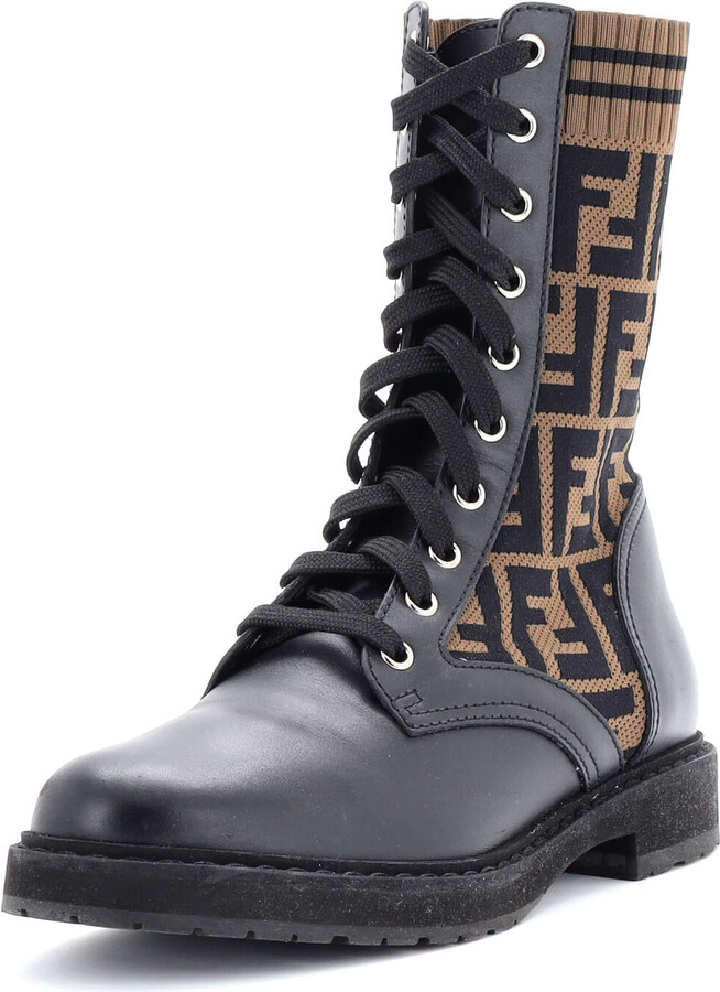 Fendi Women's Rockoko Combat Boots Leather and Zucca Knit Stretch Fabric - ShopStyle