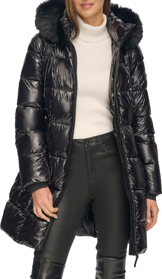 DKNY Super Shine Belted Puffer Jacket with Faux Fur Trim - ShopStyle Coats