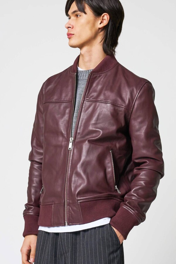 Barneys Originals Burgundy Real Leather Bomber Jacket - Red - ShopStyle