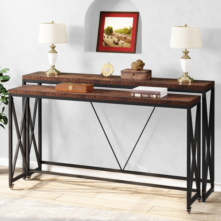 YUZHOU Industrial Sofa Table Set of 2, Narrow Long Sofa Console Tables ...