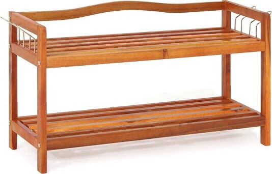 Tangkula Freestanding 2-Tier Wood Shoe Rack Shelf Storage with 4 Metal ...