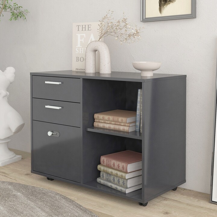 Mobile Wood Lateral File Cabinet with coded Lock, Open Storage, Shelves ...