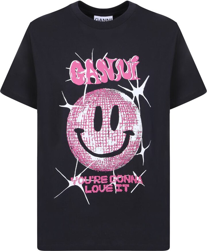 Ganni Grey Cotton T-Shirt With Smiling Disco Ball Print To The Front ...