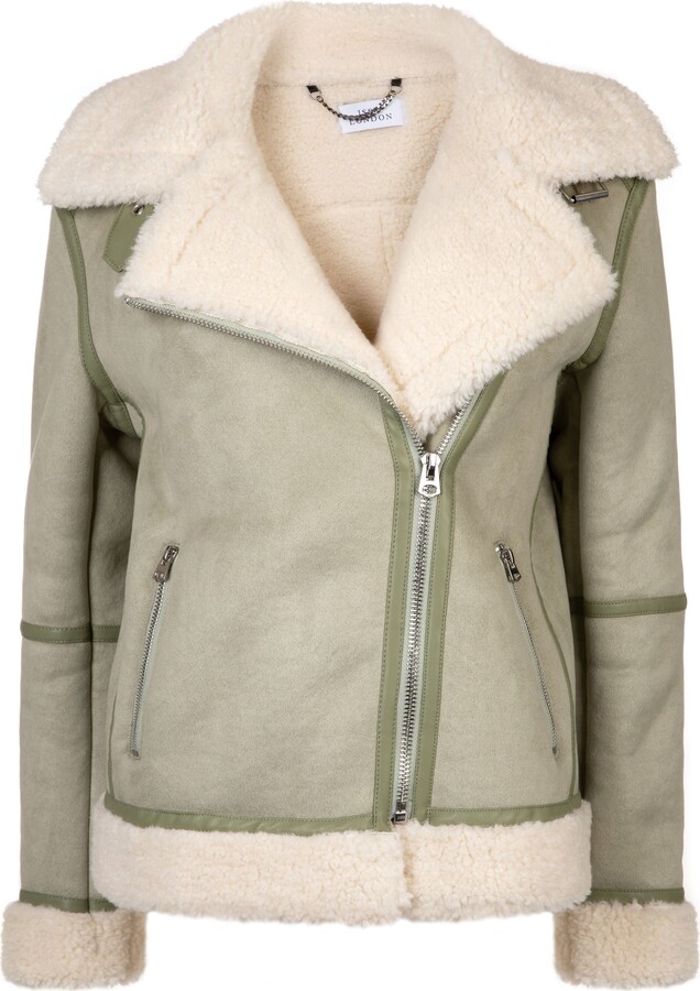 ISSY LONDON Women's Kate Faux Shearling Biker Jacket Sage Green - ShopStyle