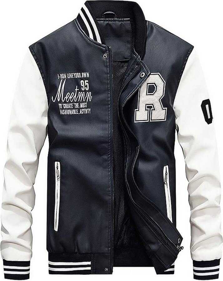 YuanDiann Mens Faux Leather Baseball Varsity Jacket Autumn Winter ...