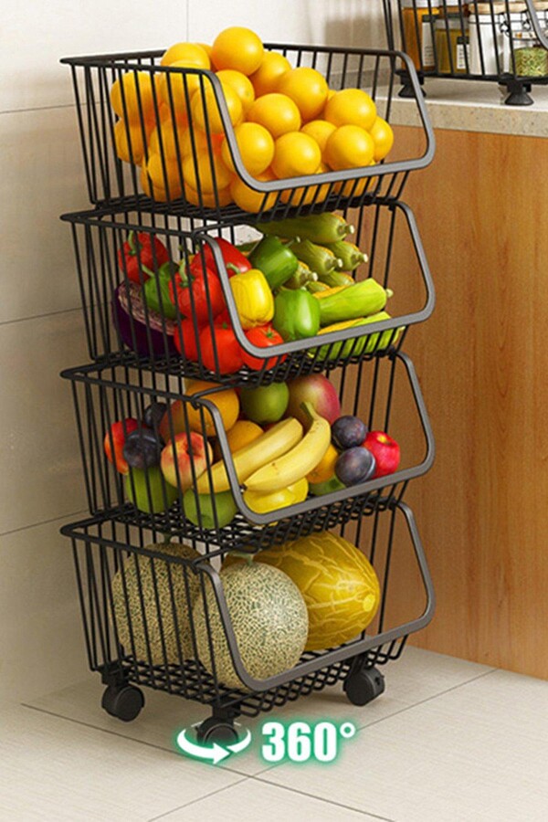 Living and Home Stackable Rolling Metal Wire Basket Trolley Rack Fruit ...