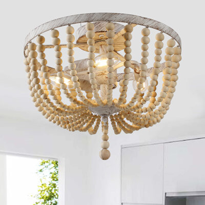 DecoMust 3-Light 13.58'' French Country Wood Bead Flush Mount Lamp ...