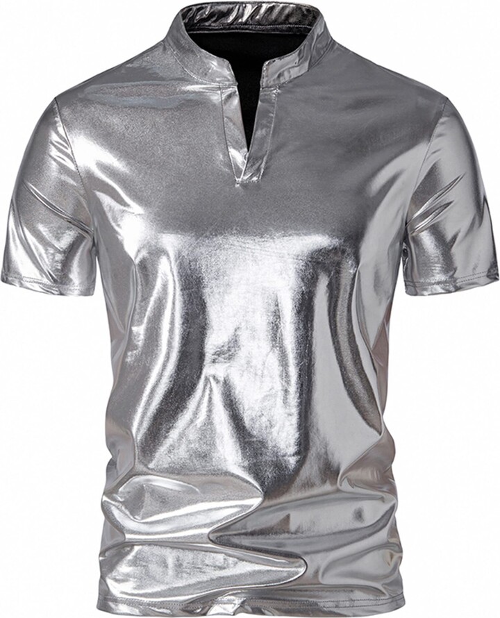 AIEOE Metallic Shiny Shirt Men's Glitter Henley Shirt 70s Disco Party Club Wear Slim Fit Night ...