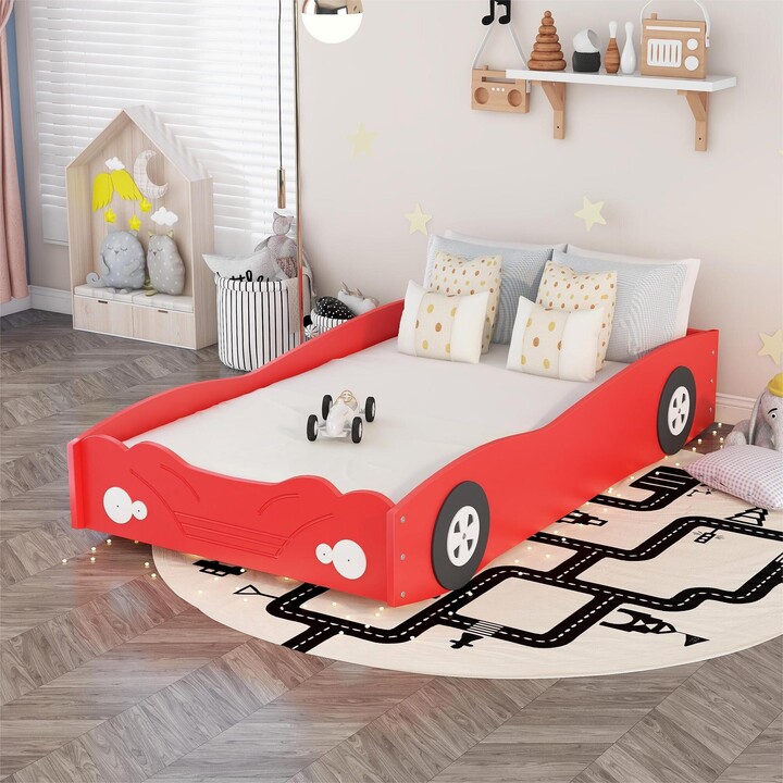 GEROJO Twin Size Car-Shaped Platform Bed, Solid Wood with Wheels ...