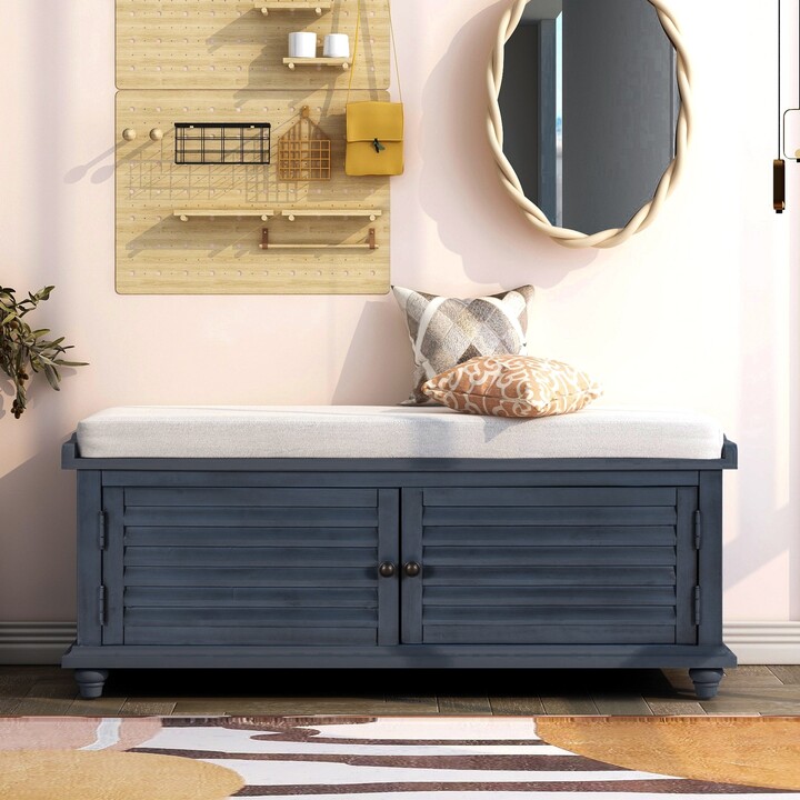 INSEUS Navy Blue Storage Bench with Removable Cushion,Louver Design ...