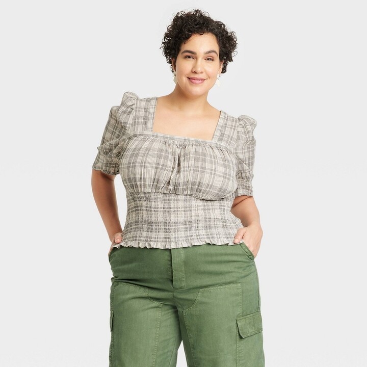 Universal Thread Women's Plus Size Puff Elbow Sleeve Smocked Fitted ...