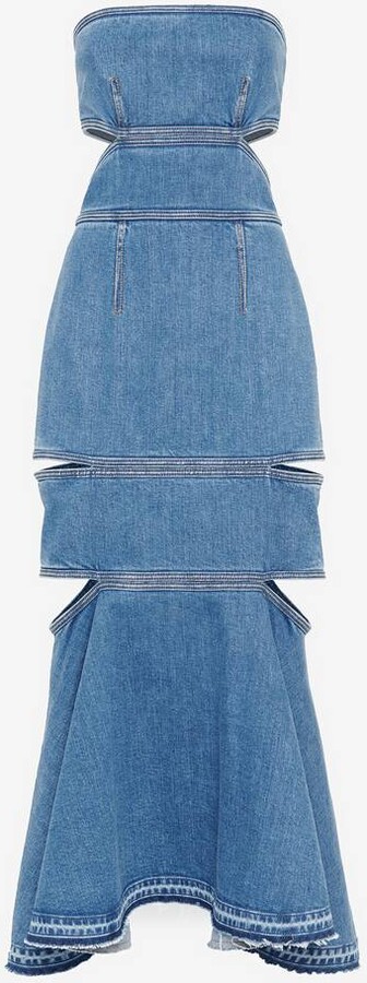 Alexander McQueen Women's Bustier Slashed Denim Dress In Stone Washed ...