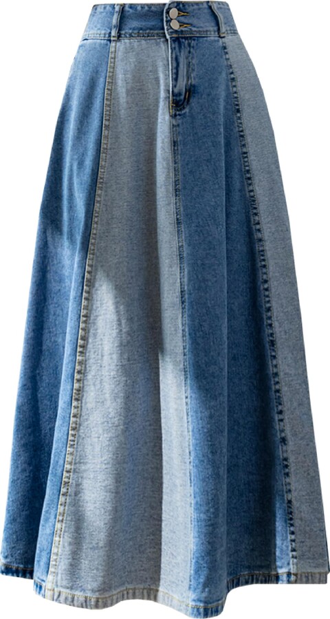 Kisidoo Women's Long Patchwork Denim Skirt - Contrast High Waist Flared ...