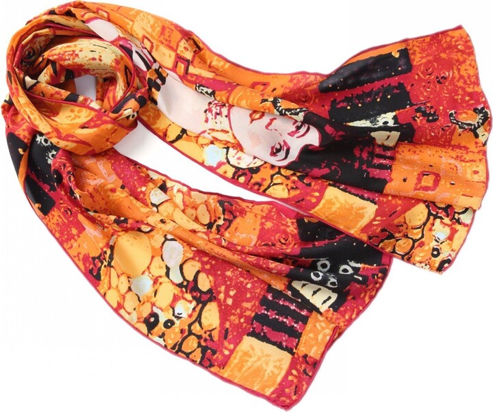 Prettystern Women Art Painting 100% Silk long golden Scarf art nouveau ...