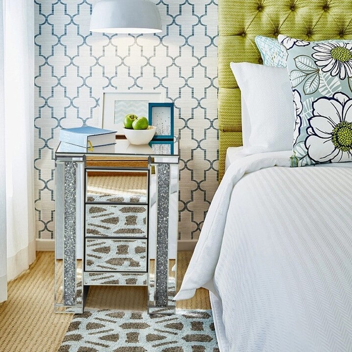 AOOLIVE Mirrored Nightstand with 3 Drawers, Sparkly Crushed Crystal ...