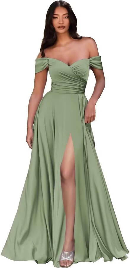 HYEC7 Off Shoulder Silk Satin Prom Dresses Long Elegant Evening Dresses with Slit Mermaid ...