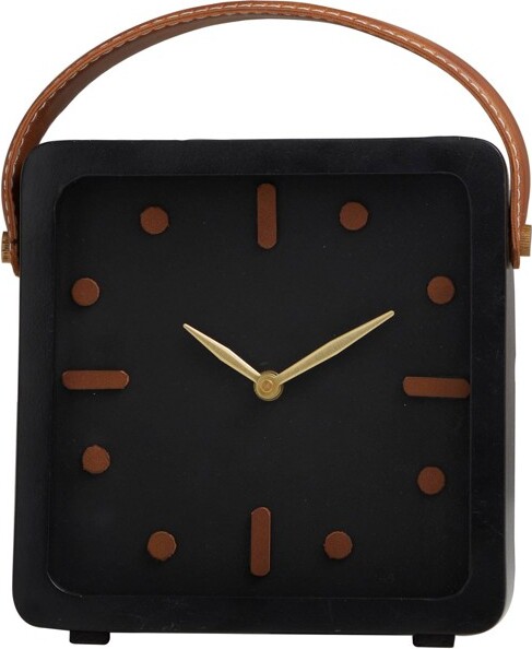 Metal Small Clock with Leather Handle and Hour Markers Black - Olivia ...